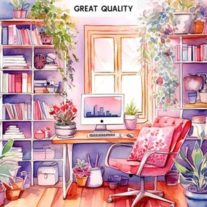 Study Corner Clipart | Cute Workspace PNG | Pink Room Clipart ...