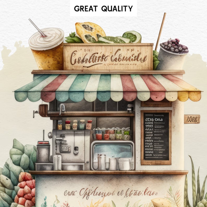 Watercolor Coffee Shop Clipart Coffee Stand Food Truck - Etsy