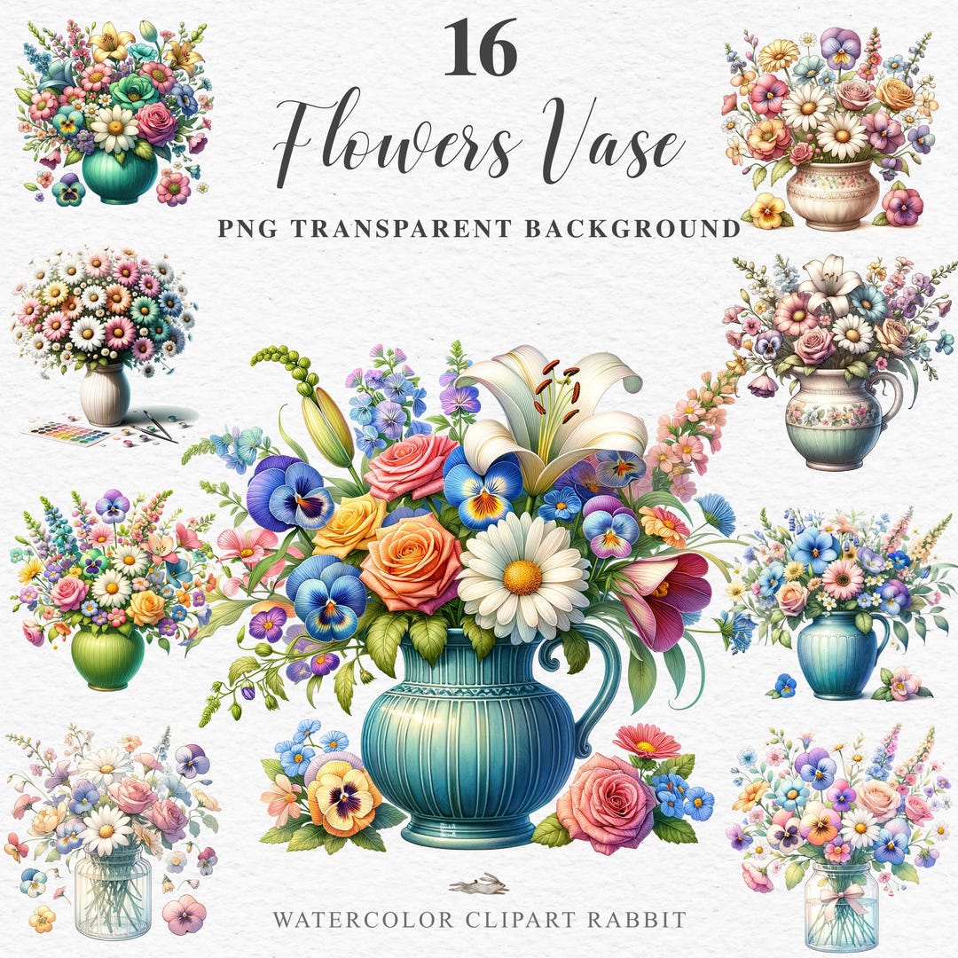 Spring Wild Flowers Pots Clipart Plants Daisies Basket Botanical Wreath ...