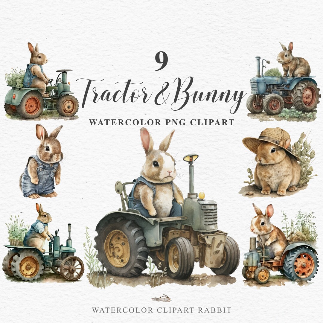 Rabbit Farmer PNG Bunny on Tractor Dressed Baby Animals Clipart Nursery ...