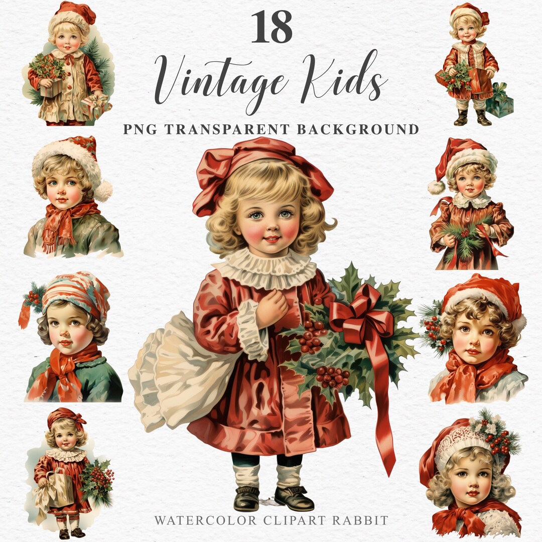 Vintage Kids Christmas Boy Girl PNG Merry Xmas Decoration Clipart ...