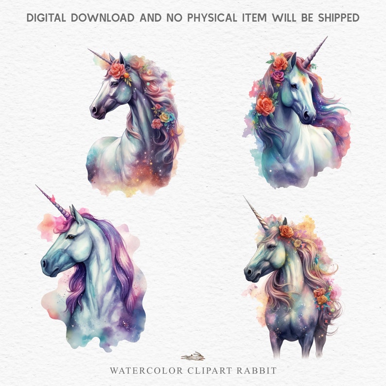 Watercolor Rainbow Unicorn Clipart Flowers Colorful PNG - Etsy