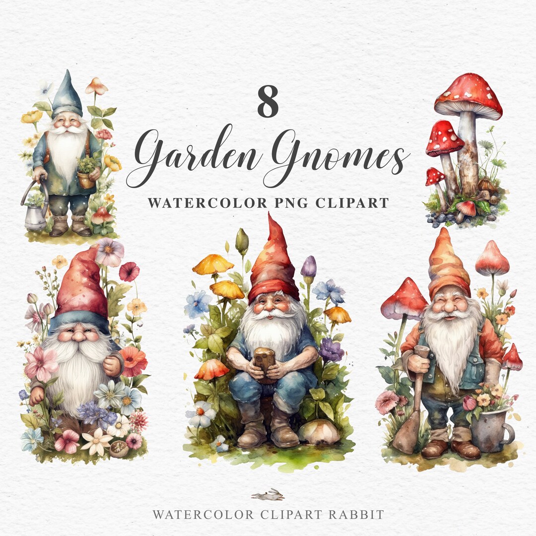 Cute Watercolor Garden Gnomes Clipart | Junk Journal | Scrapbooking Art ...
