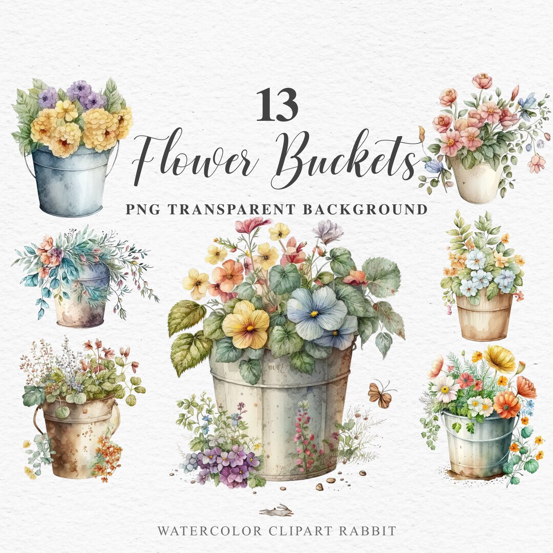 Watercolor Flower Bucket Clipart | Flowers PNG | Floral Clipart ...