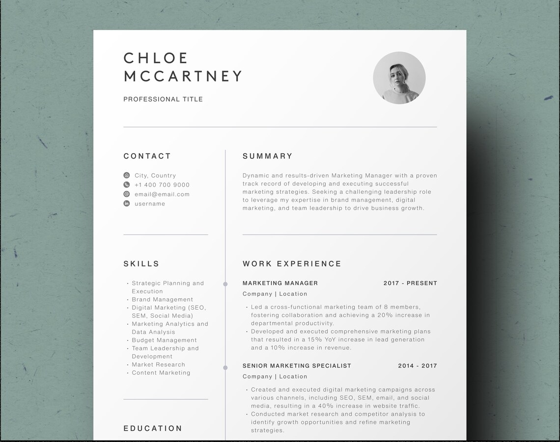 Clean Resume Template With Photo 4 Pages: CV Cover Letter References ...