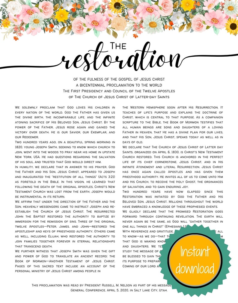 The Living Christ| the Family Proclamation| the Restoration| the ...