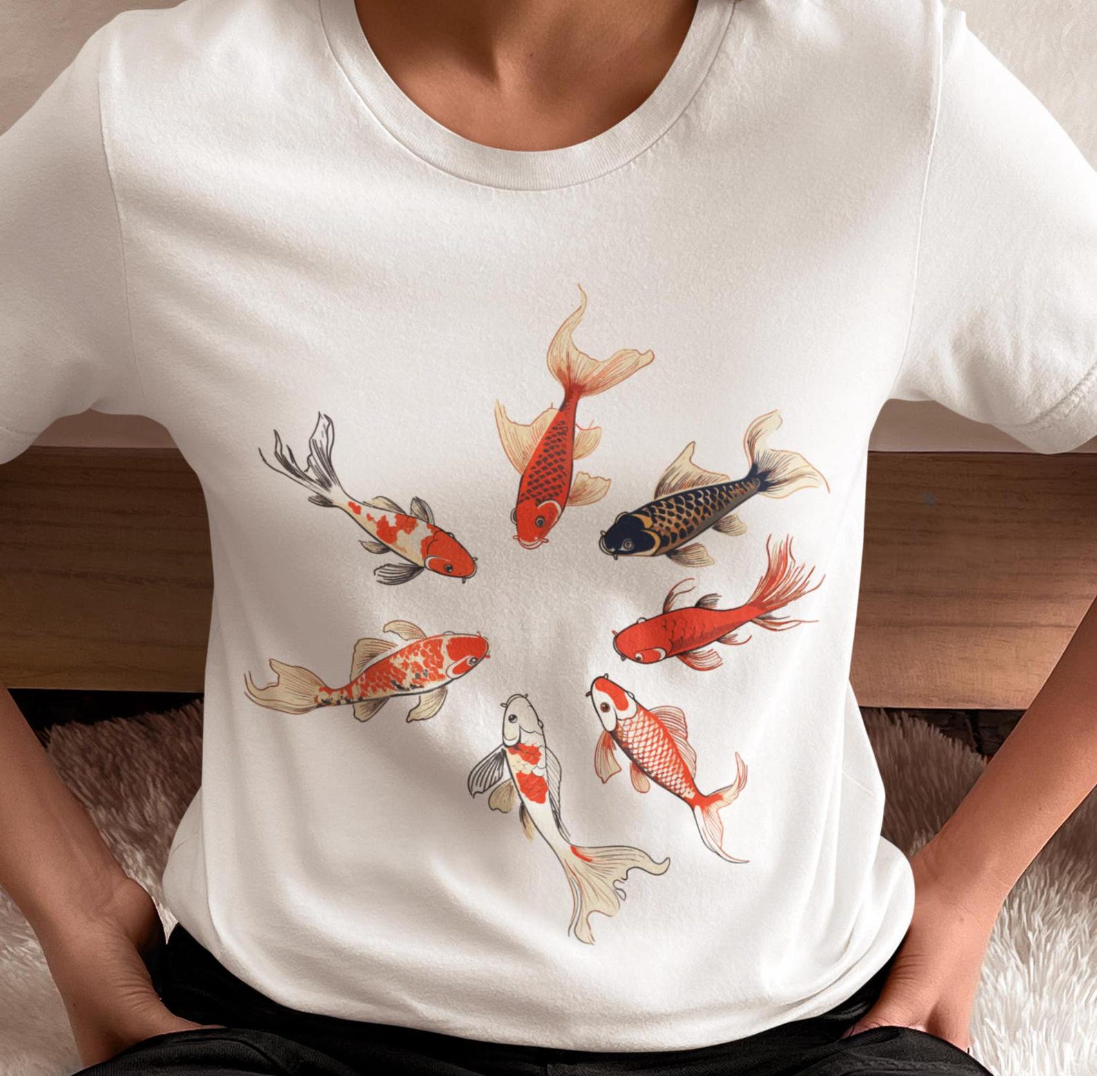 Japanese Koi Fish T-shirt, Aesthetic Seven Koi Circle Graphic Tee ...