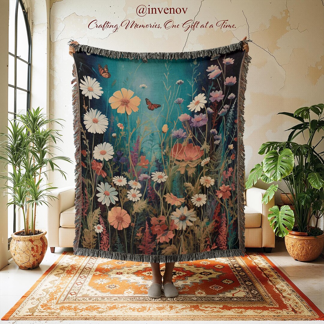 Wildflower Woven Throw Blanket, Colorful Botanical Tapestry, Whimsigoth ...