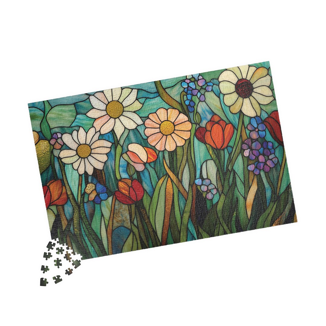 Faux Stained Glass Style Wildflower Puzzle, Vibrant Floral Design ...