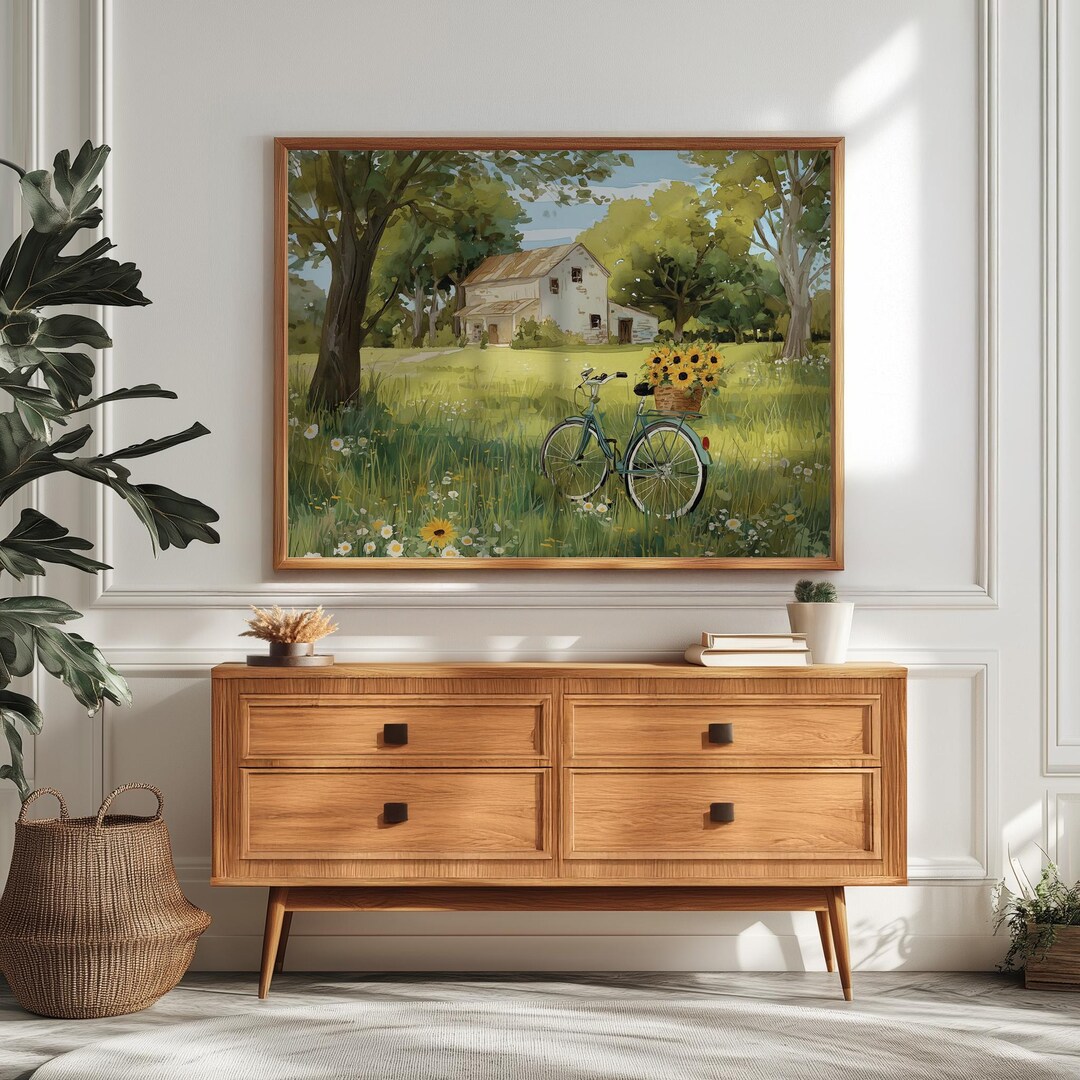 Summer Farmhouse Poster, Bicycle Sunflowers Print, Rustic Barn ...