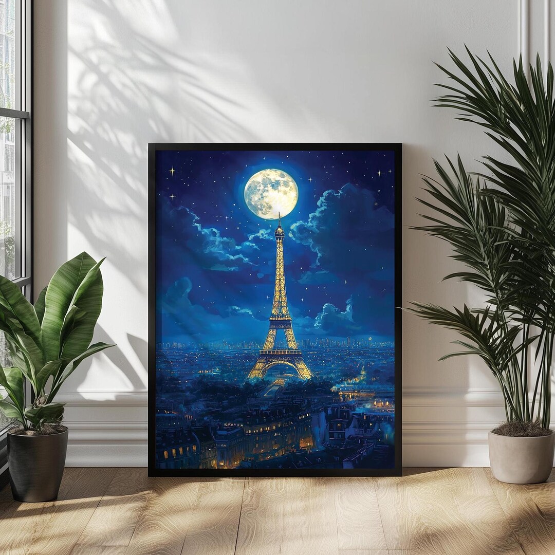 Paris Night View Poster, Eiffel Tower Illuminated in Golden Lights Wall ...