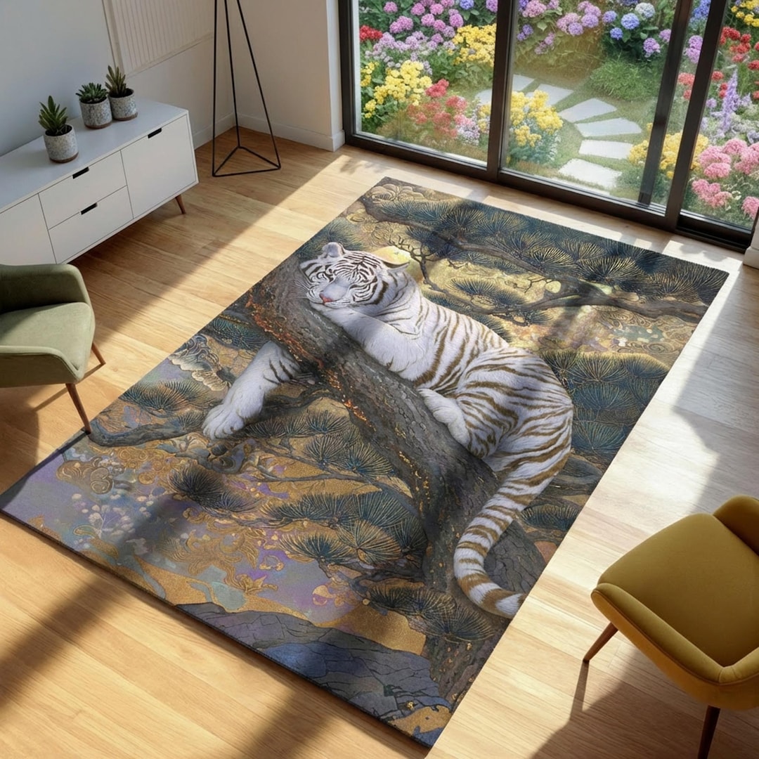 White Tiger Area Rug, Japanese Style Pine Tree Decor, Maximalist ...