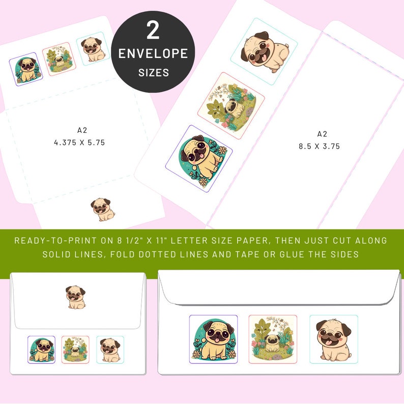 Pug Pups Printable Stationery & Envelopes | PERSONALIZED | US Letter 8 ...