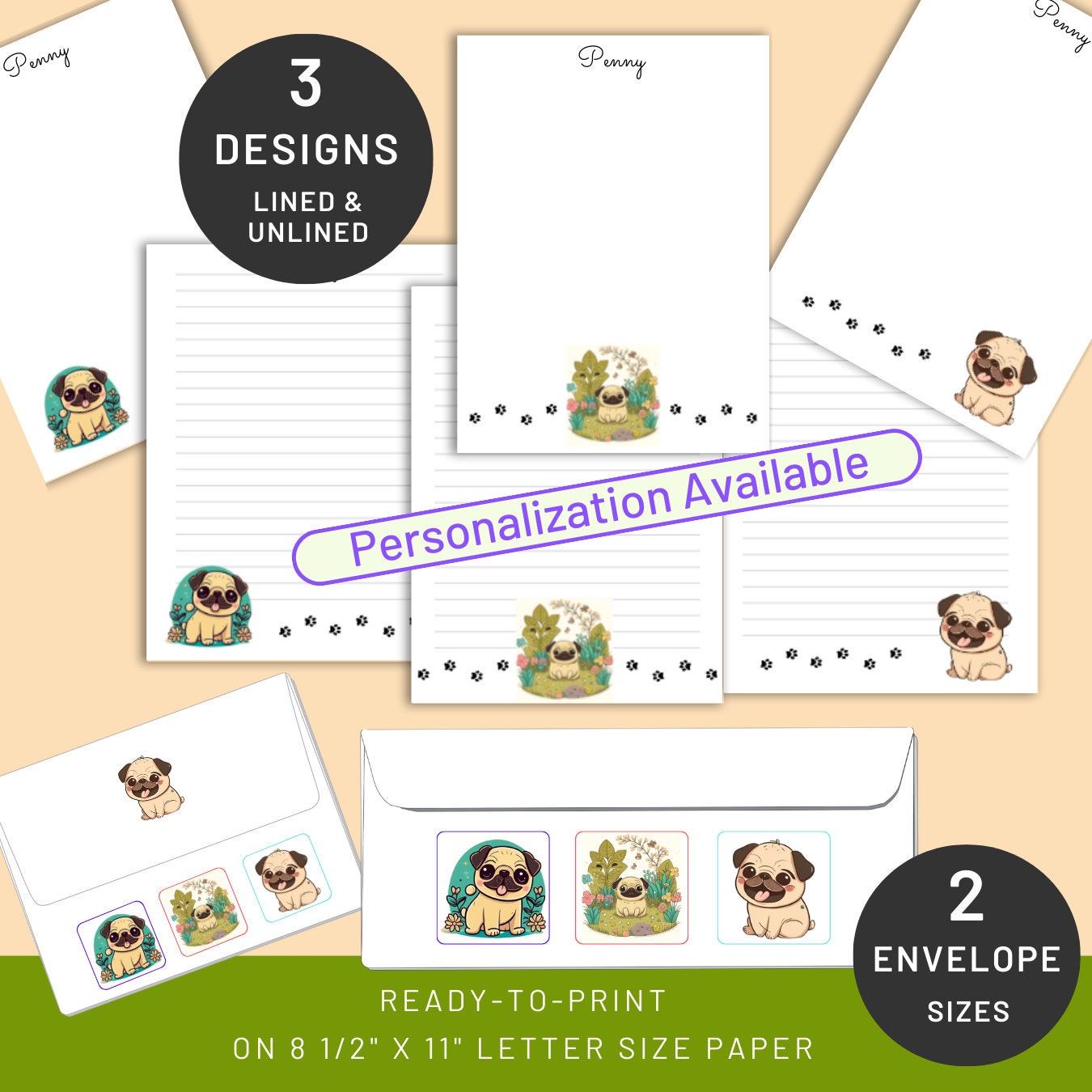 Pug Pups Printable Stationery & Envelopes | PERSONALIZED | US Letter 8 ...