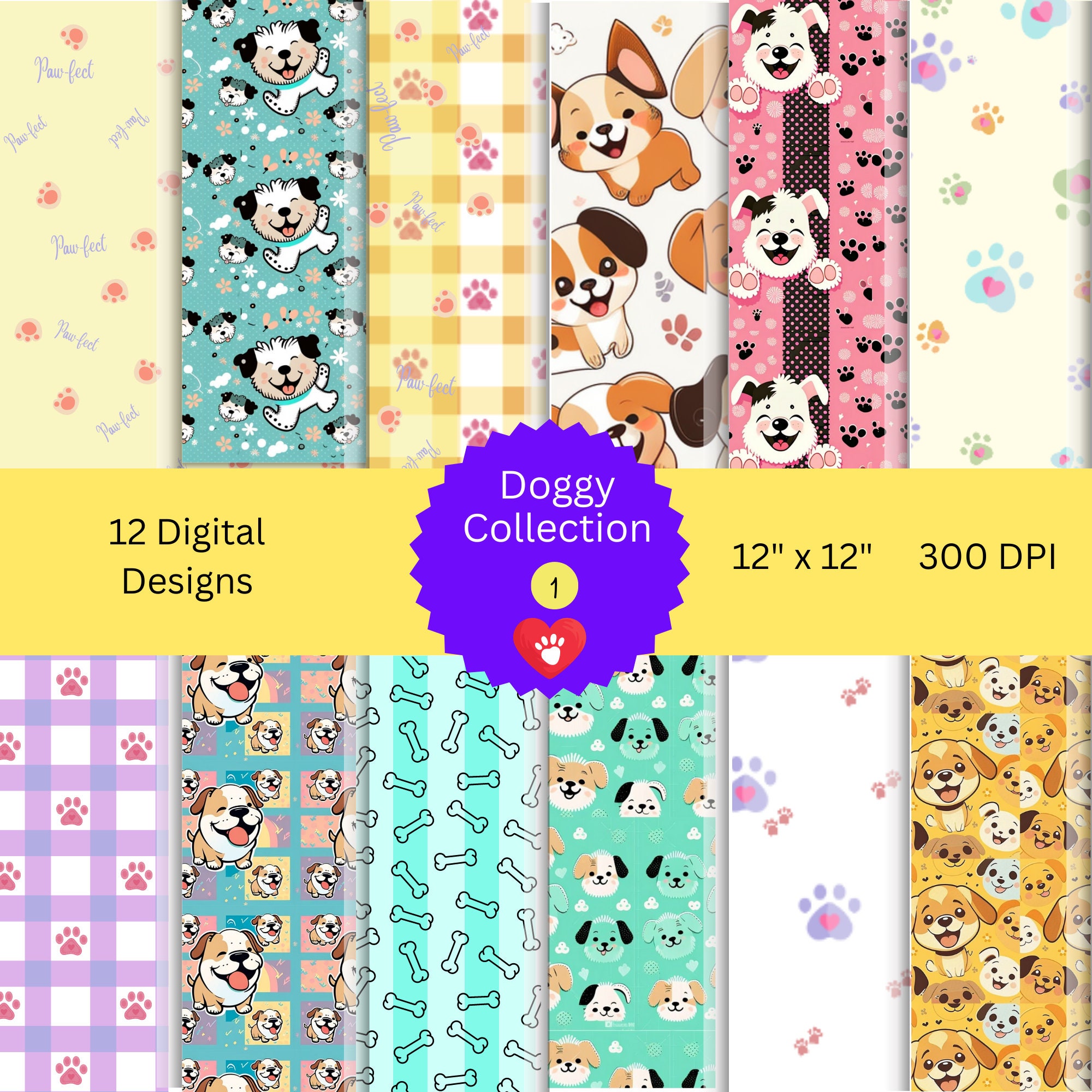 Dog Digital Paper Bundle | Set of 12 Cute Puppy Paper Designs ...