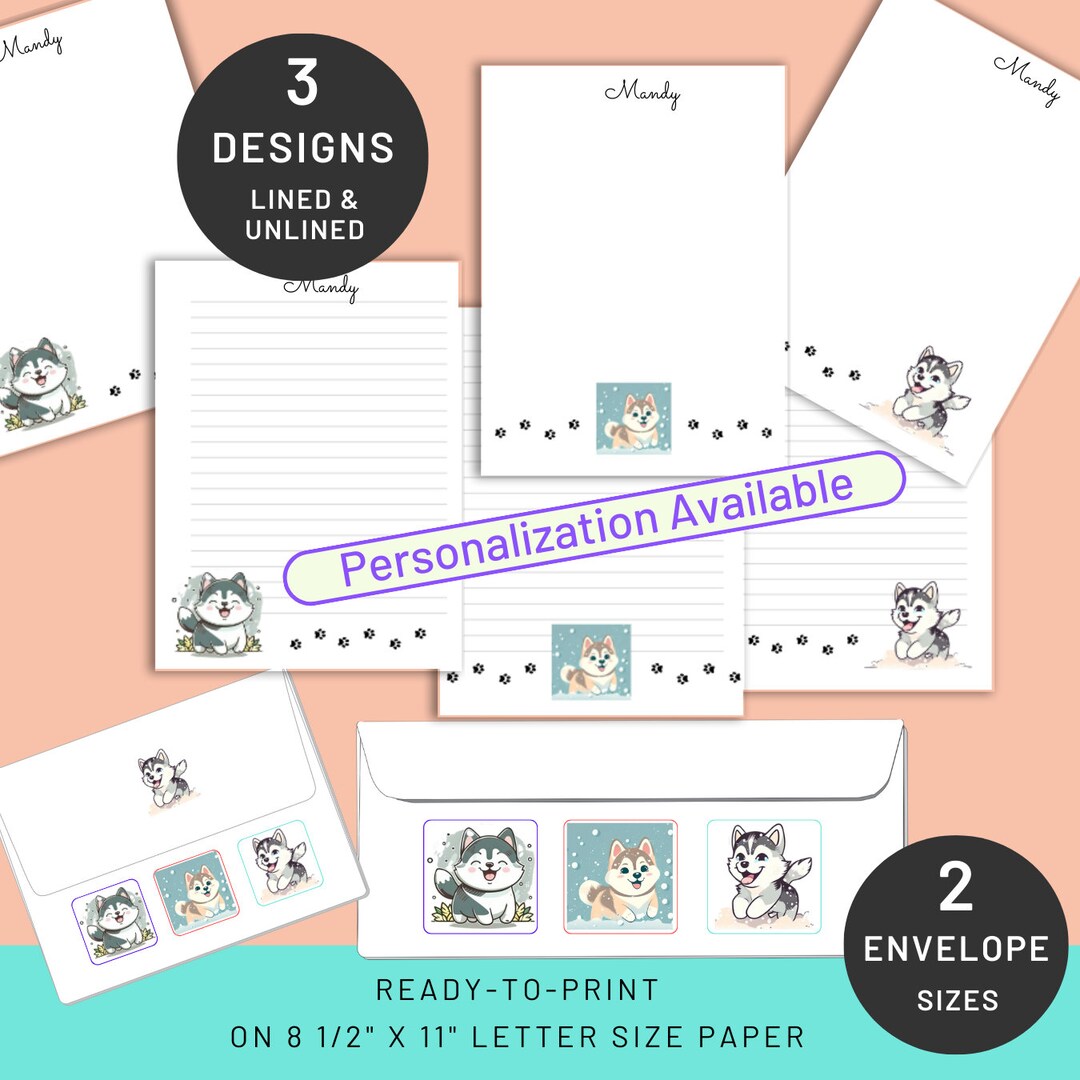 Husky Pups Printable Stationery & Envelopes | PERSONALIZED | US Letter ...