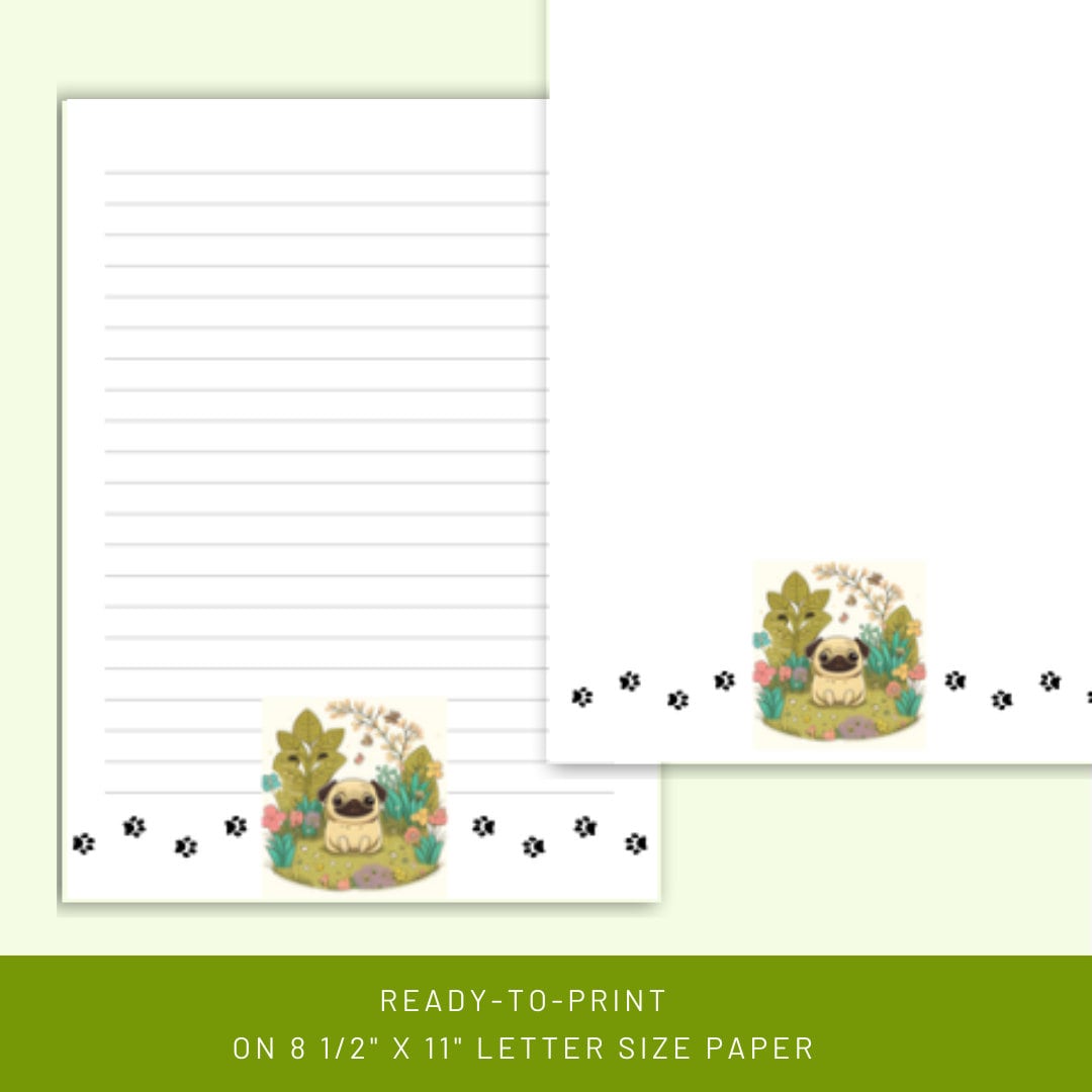 Pug Pups Printable Stationery & Envelopes | PERSONALIZED | US Letter 8 ...
