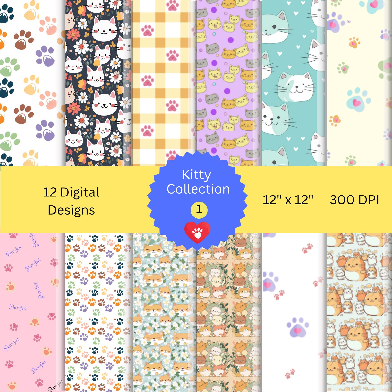 Cat Digital Paper Bundle | Set of 12 Cute Cat Paper Designs ...