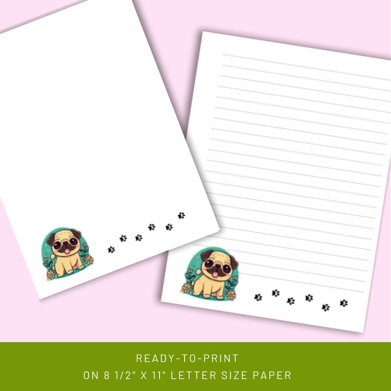 Pug Pups Printable Stationery & Envelopes | PERSONALIZED | US Letter 8 ...