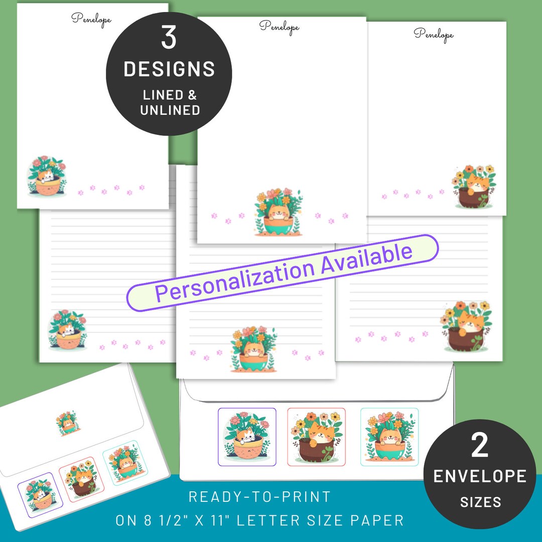 Cats - in Flower Pots | Printable Stationery & Envelopes | PERSONALIZED ...