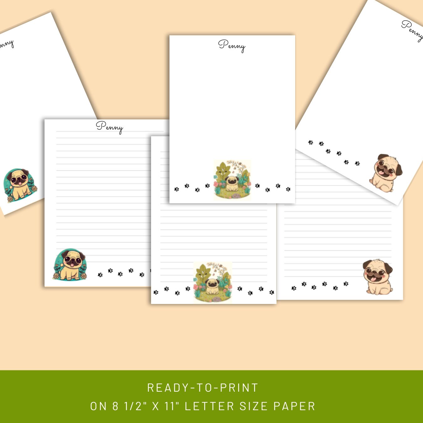 Pug Pups Printable Stationery & Envelopes | PERSONALIZED | US Letter 8 ...