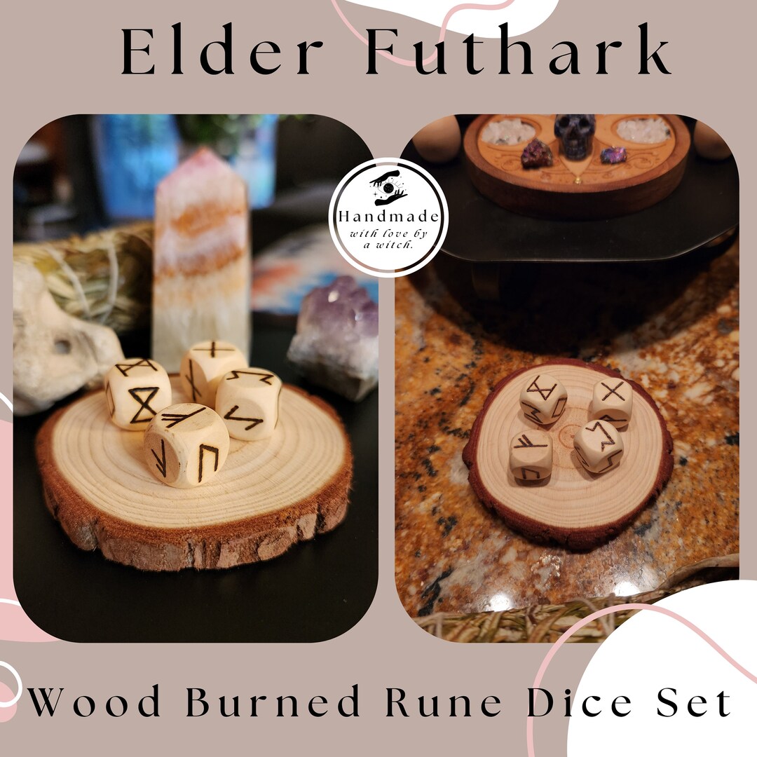 Wood Burned Elder Futhark Rune Dice Set & Unfinished Wooden Display ...