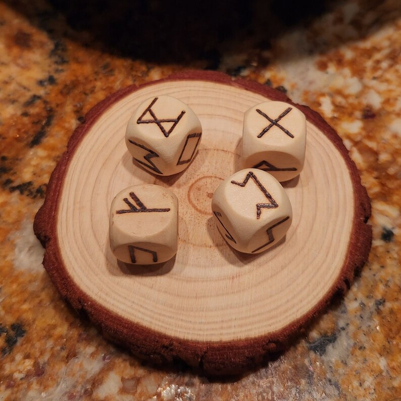 Wood Burned Elder Futhark Rune Dice Set & Unfinished Wooden Display ...