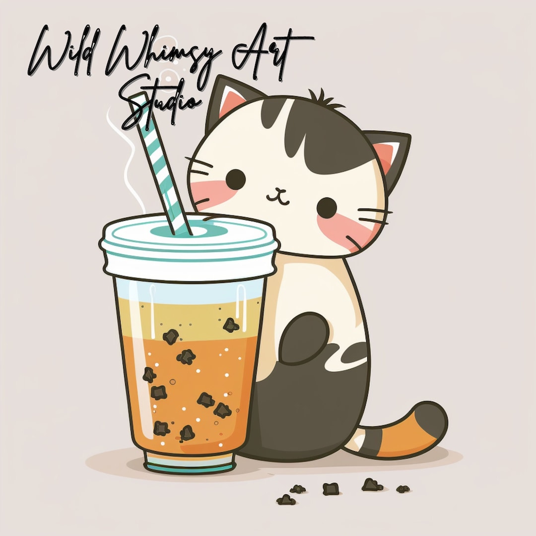 Bubble Tea Cat Kawaii Cat Boba Tea Cat Cute Cat - Etsy