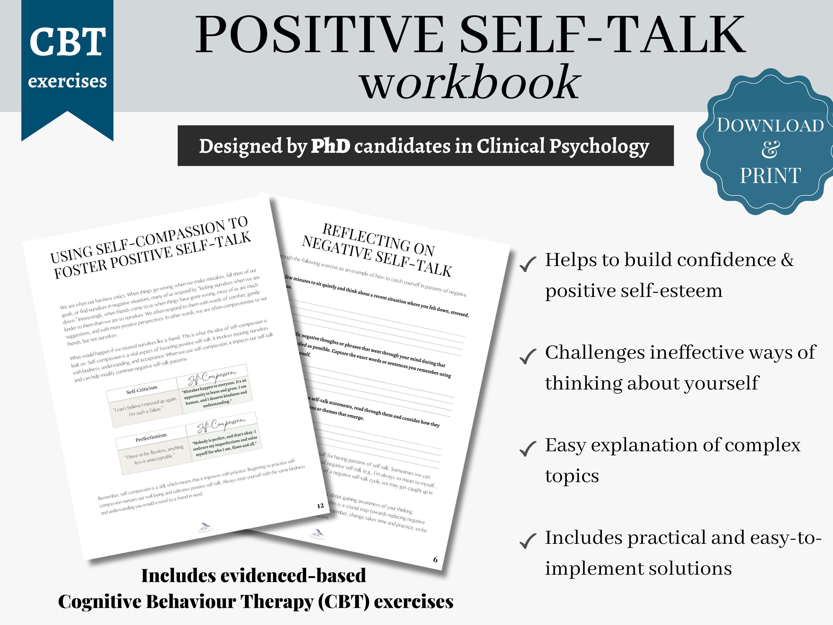 Positive Self-talk Workbook for Adults Self Compassion, Cbt Worksheets ...