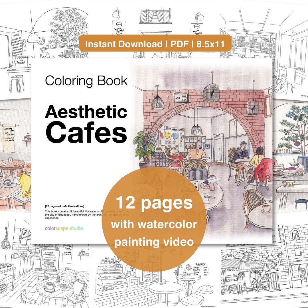 Aesthetic Cafes Coloring Book - Interior Design Printable Watercolor ...