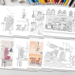 Aesthetic Cafes Coloring Book - Interior Design Printable Watercolor ...