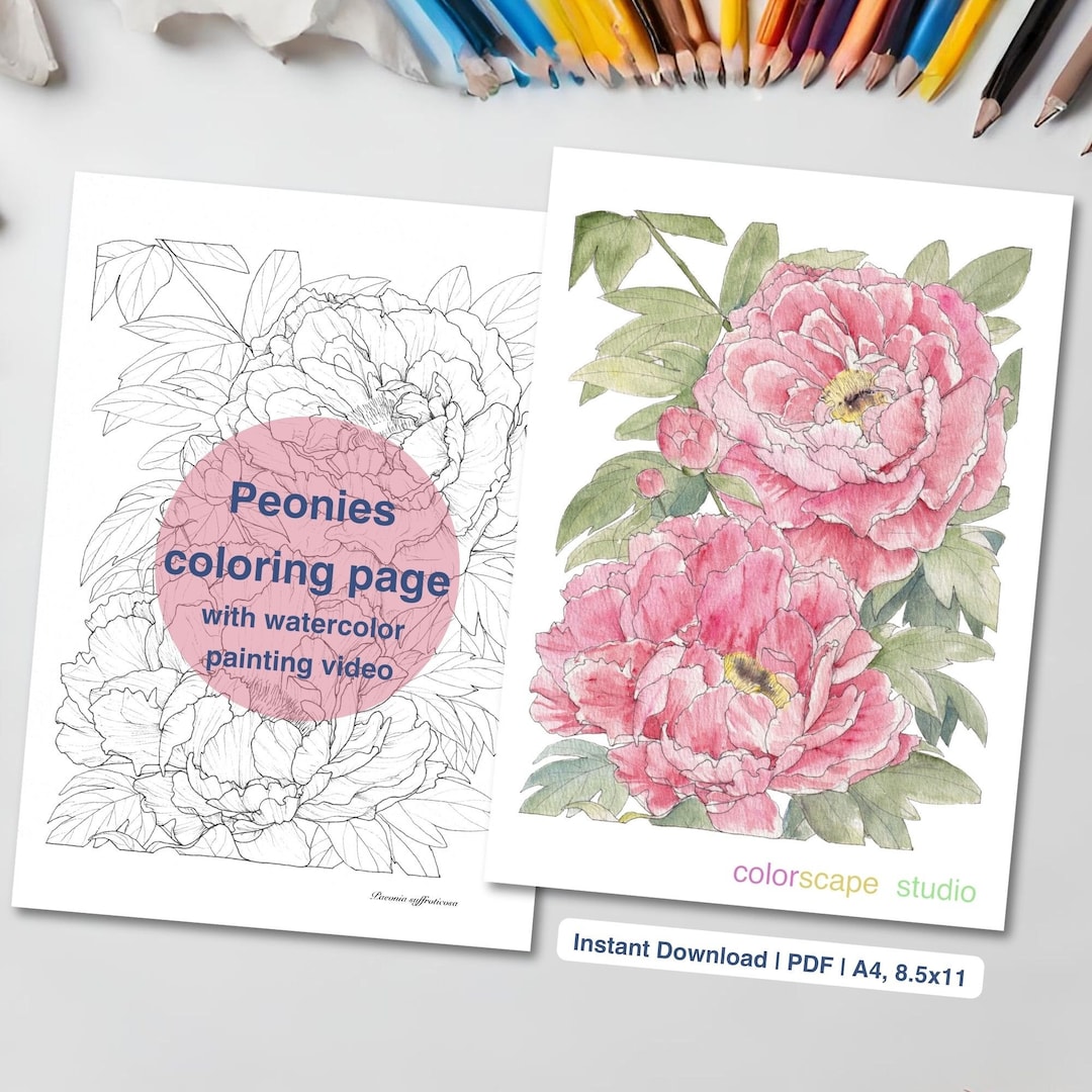 Peonies Coloring Page - Printable Watercolor Coloring Page for Adults ...
