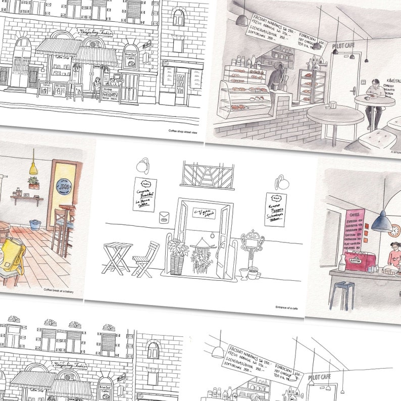 Aesthetic Cafes Coloring Book Interior Design Printable Watercolor ...