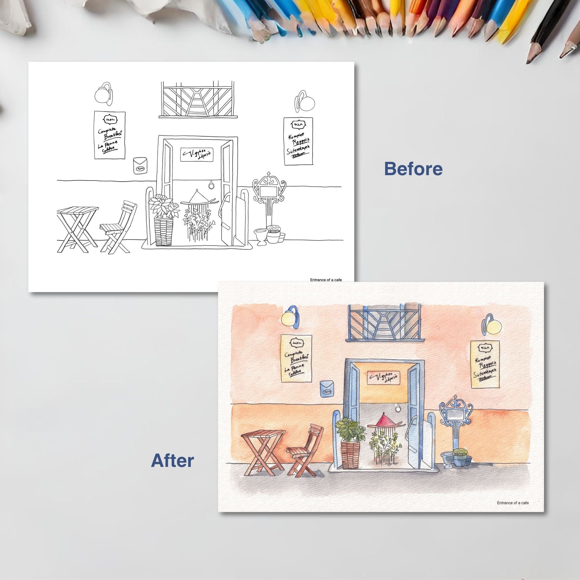 Aesthetic Cafes Coloring Book Interior Design Printable Watercolor ...