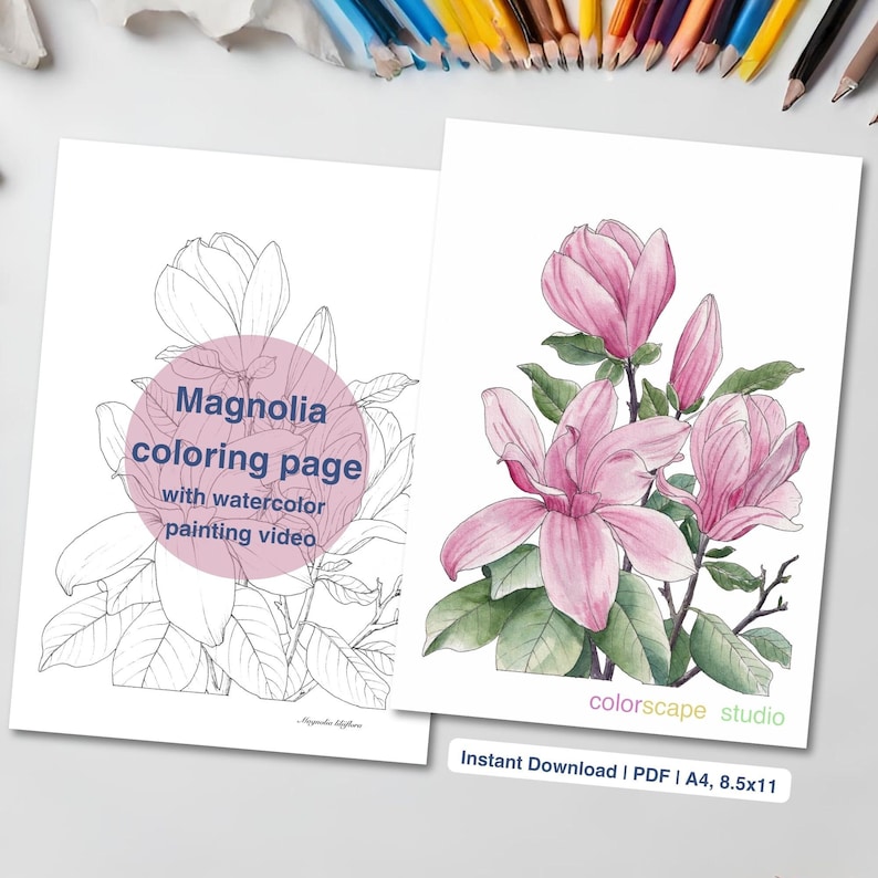 Magnolia Flower Coloring Page - Printable Watercolor Coloring Page for ...