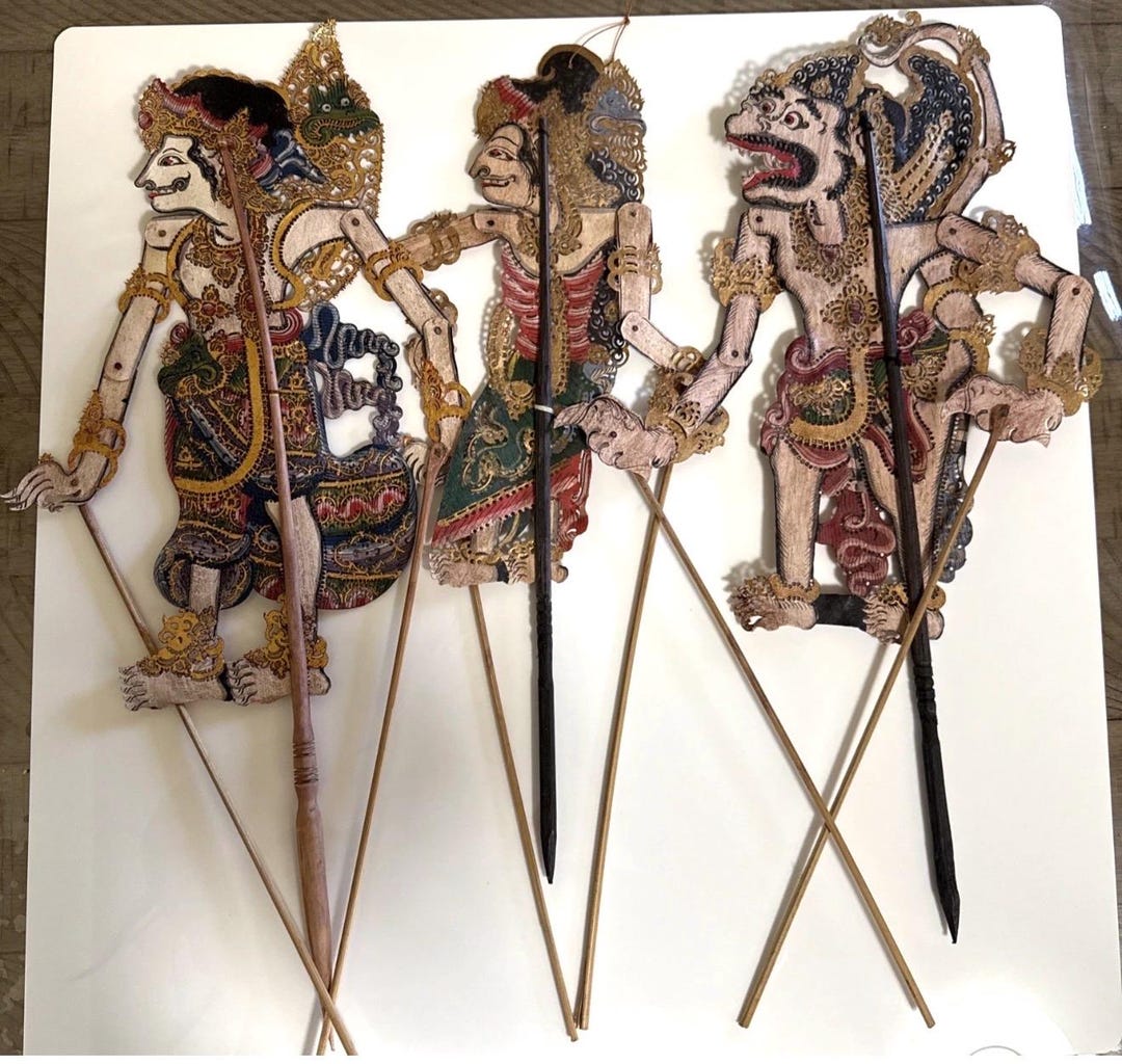 Large 3 Pieces Hanuman Wayang Kulit Puppets Shadow Antique Lord Monkey ...