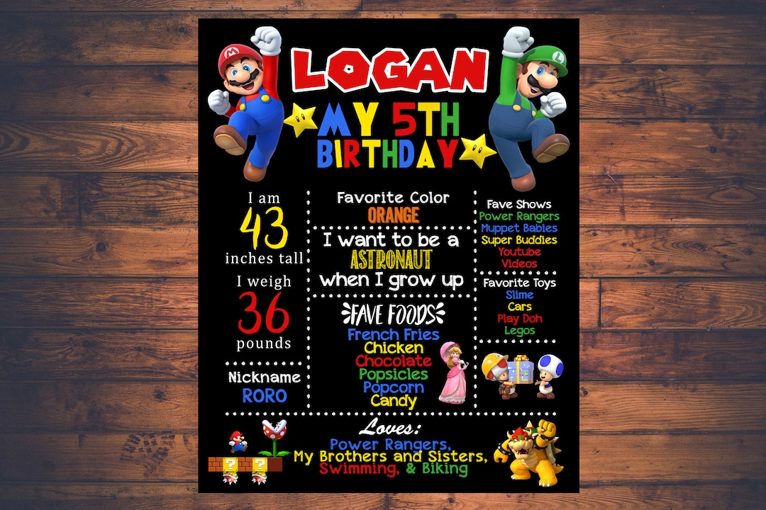 PERSONALIZED SUPER Mario Brothers Birthday Chalkboard Digital File ...