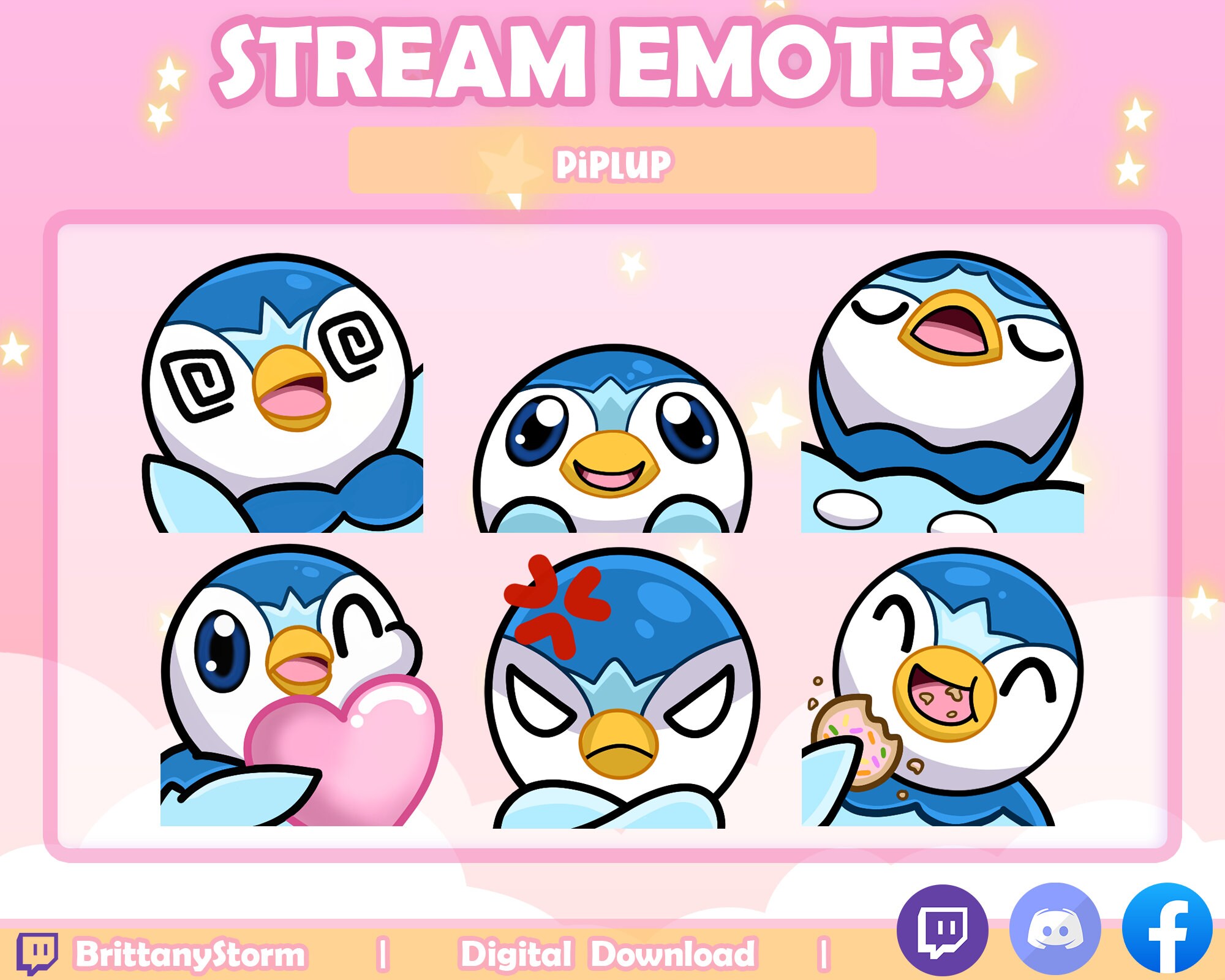 6 Piplup Emotes - Streamer Emotes - Twitch, Discord, Facebook Gaming - Etsy