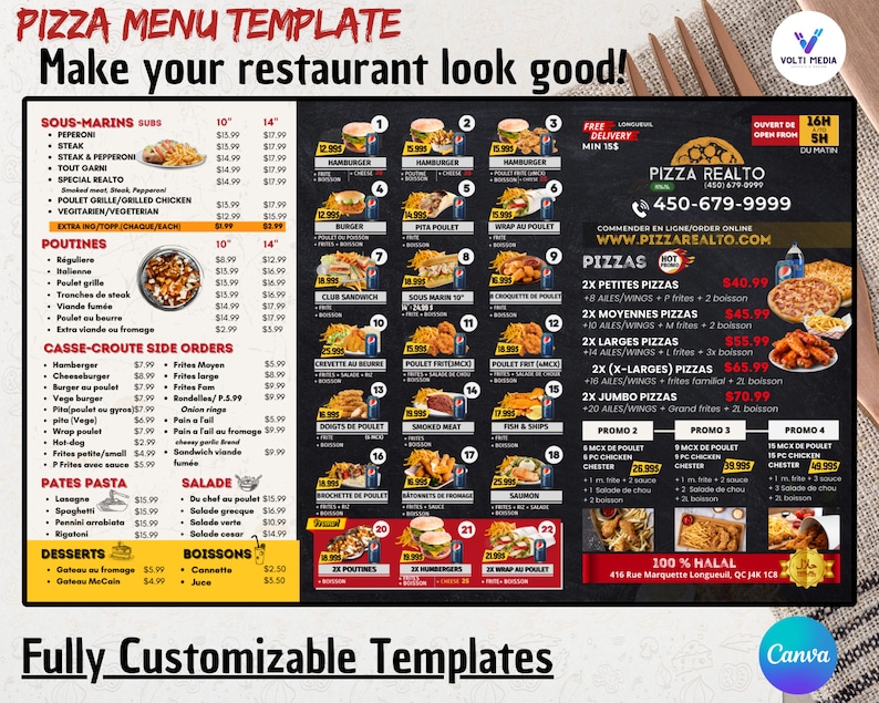 Custom Pizza Restaurant Menu, Food Flyers and Menus, Pizza Menu, Canva ...