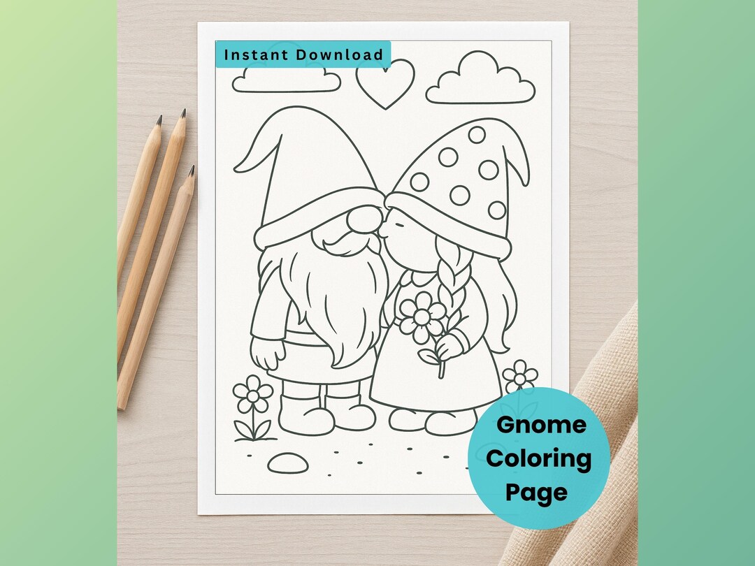 Two Gnomes in Love Coloring Page: Gnome Activity (PNG Digital Download ...
