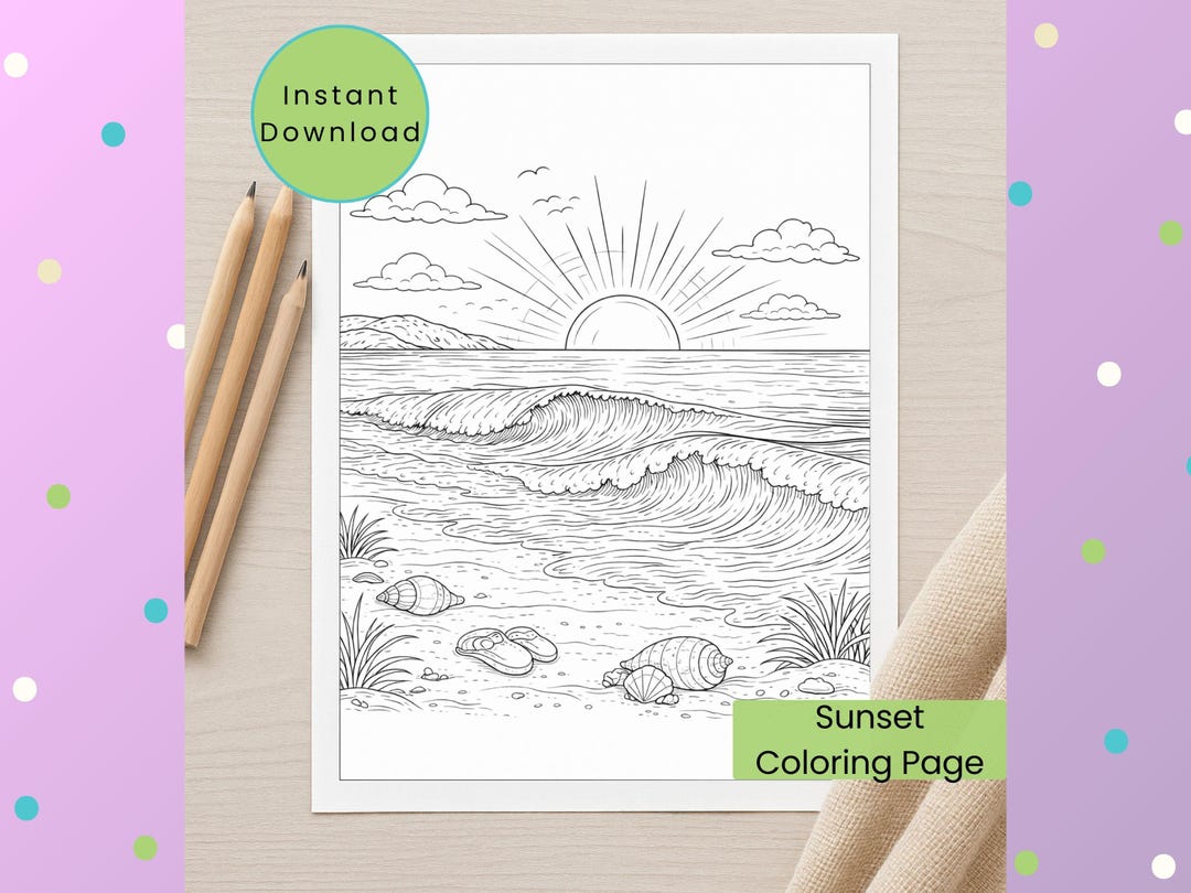 Sunset Coloring Page: Summer Activity (PNG Digital Download) Fun ...