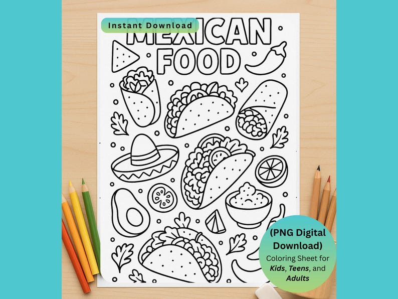 Mexican Food Coloring Page: Food Activity (PNG Digital Download) Fun ...