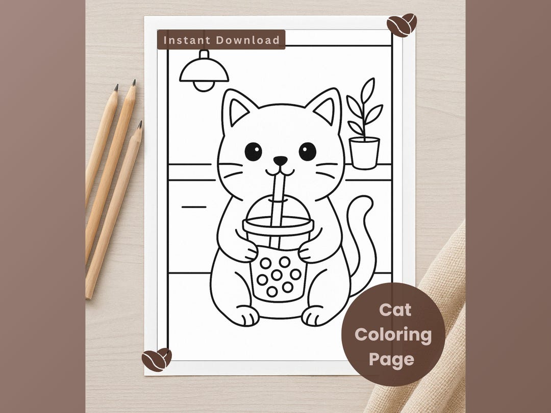 Cat Coloring Page: Coffee Activity (PNG Digital Download) Fun Coloring ...