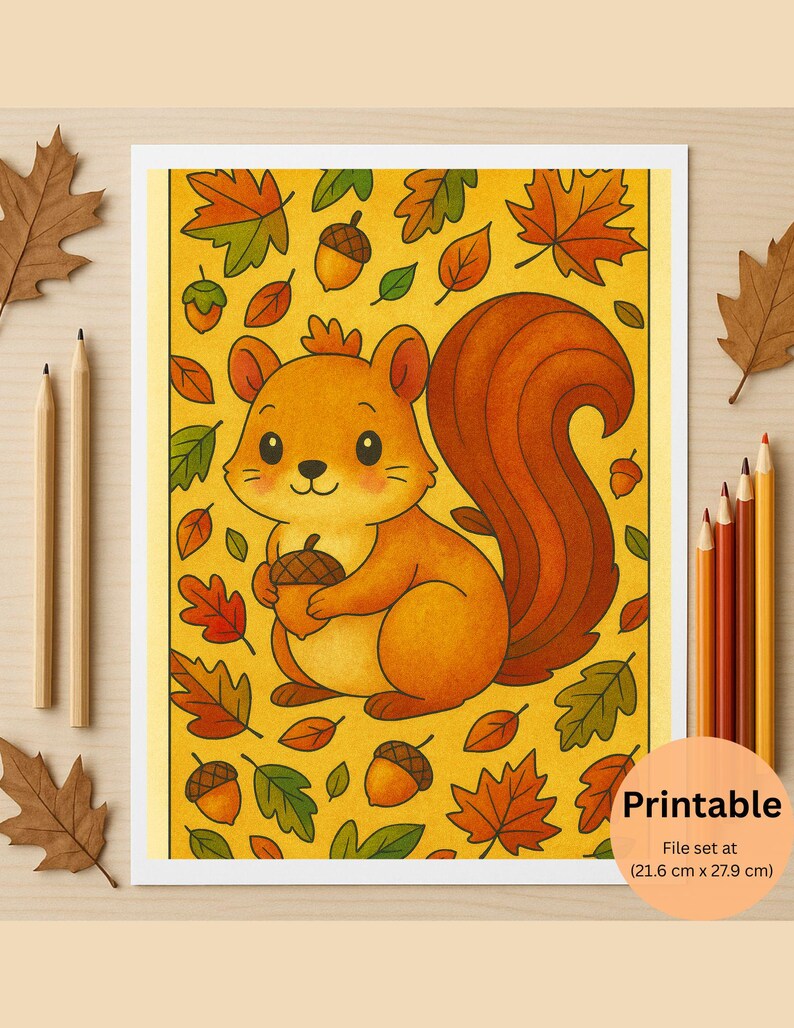 Kawaii Fall Squirrel Coloring Page: Autumn Leaves Activity (PNG Digital ...
