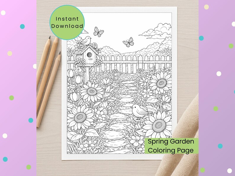 Spring Garden Coloring Page: Spring Activity (PNG Digital Download) Fun ...