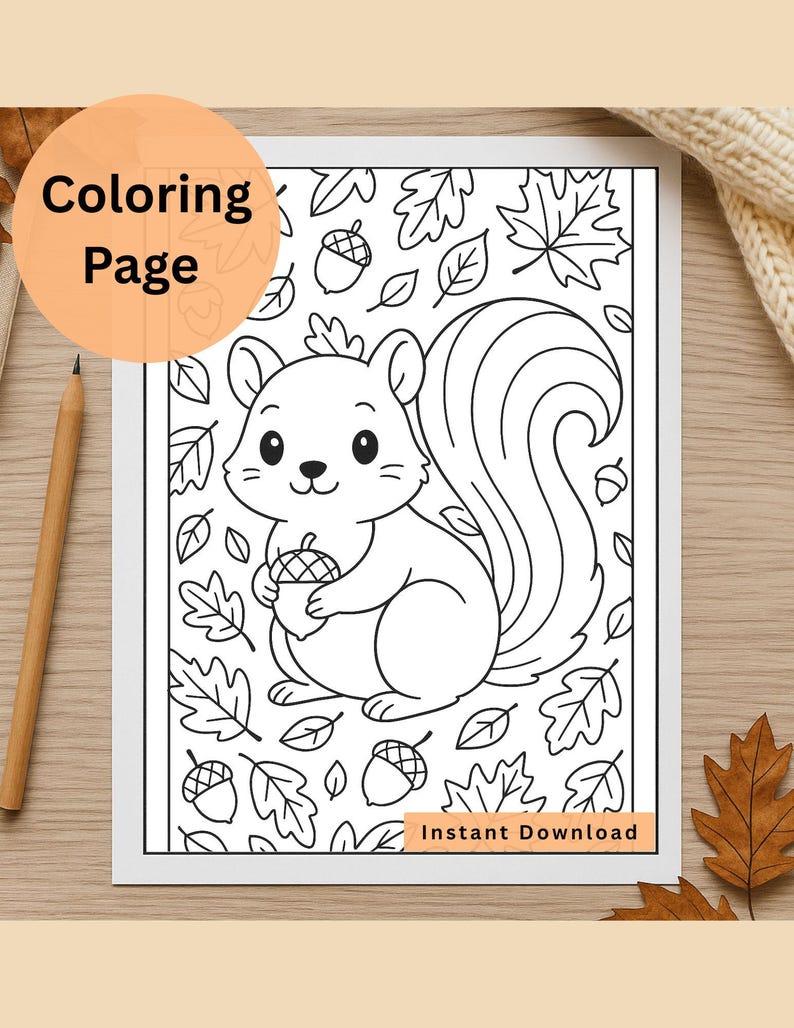 Kawaii Fall Squirrel Coloring Page Fall Activity for Teens and Adults ...