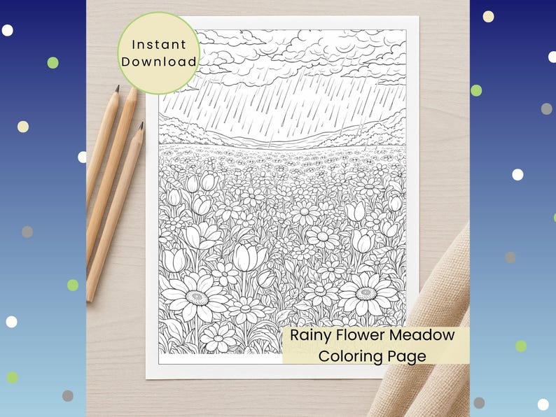 Rainy Meadow Coloring Page: Spring Activity (PNG Digital Download) Fun ...