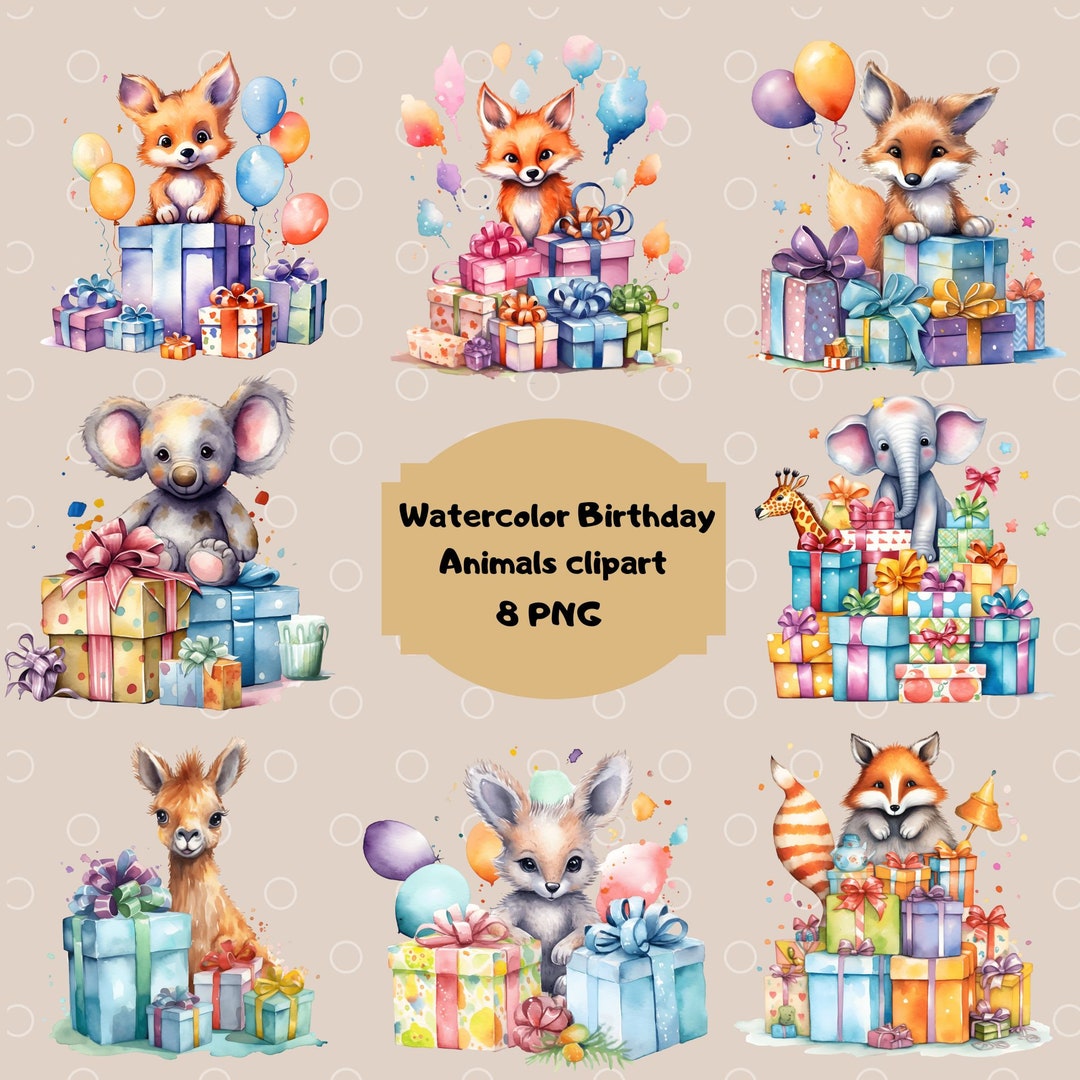28 PNG Watercolour Birthday Animals Clipart Cute Jungle - Etsy