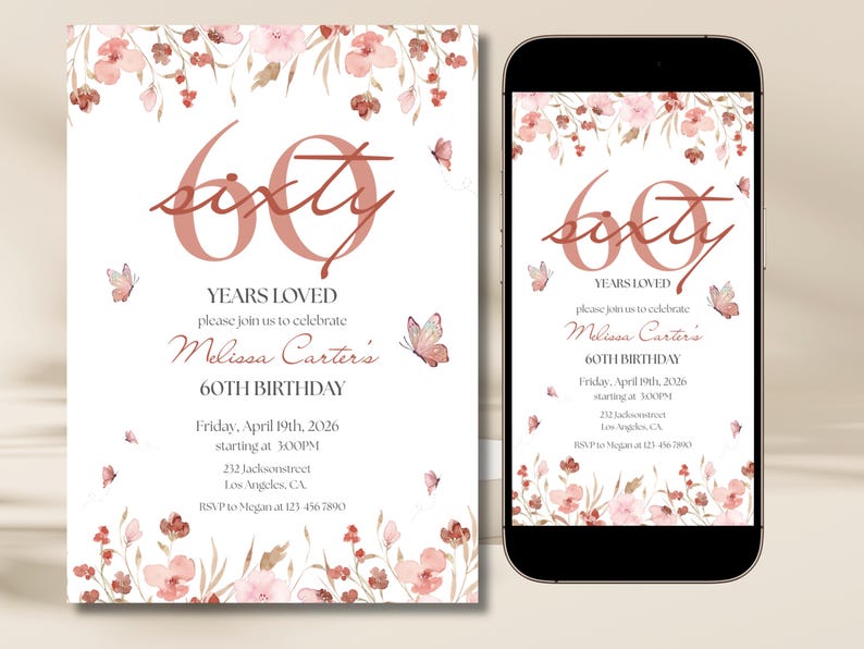 60th Birthday Invitation | Editable Blush Floral Birthday Invite for ...