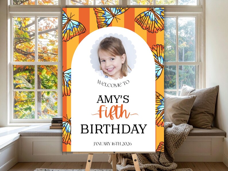 Butterfly Birthday Welcome Sign Template, Editable Orange Butterfly ...